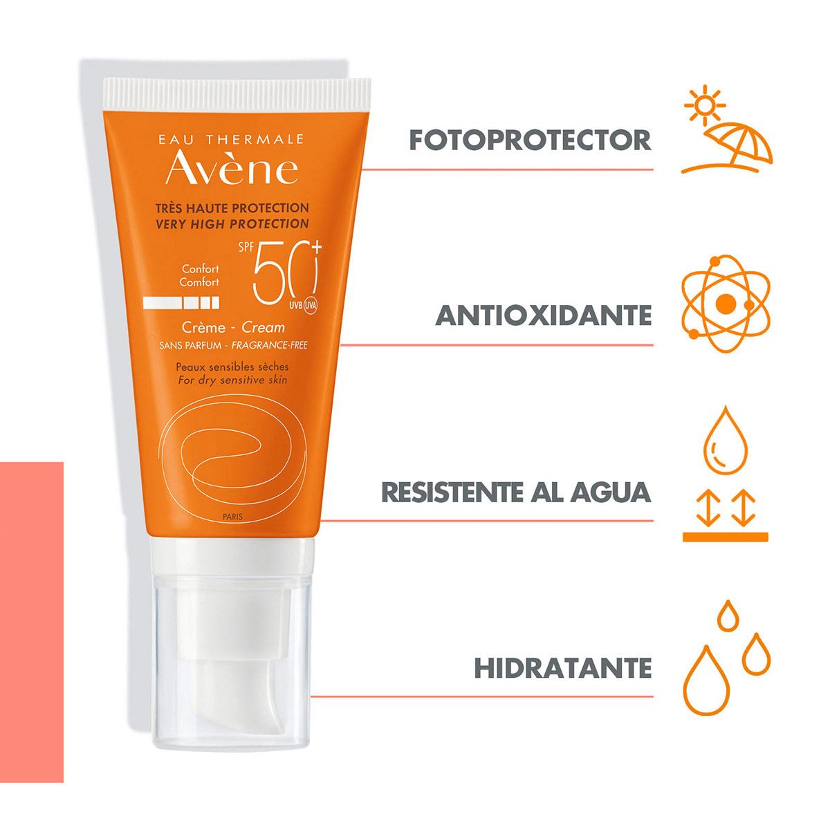 Avene Crema Sin Color, Piel seca/sensible, FPS 50+, 50ml