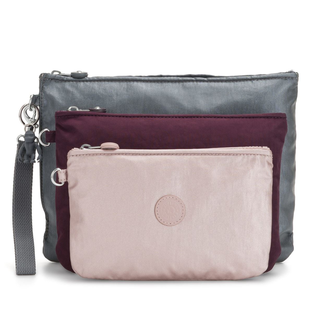 3 Cosmetiqueras Kipling Color Vino, Plata y Rosa Metálico