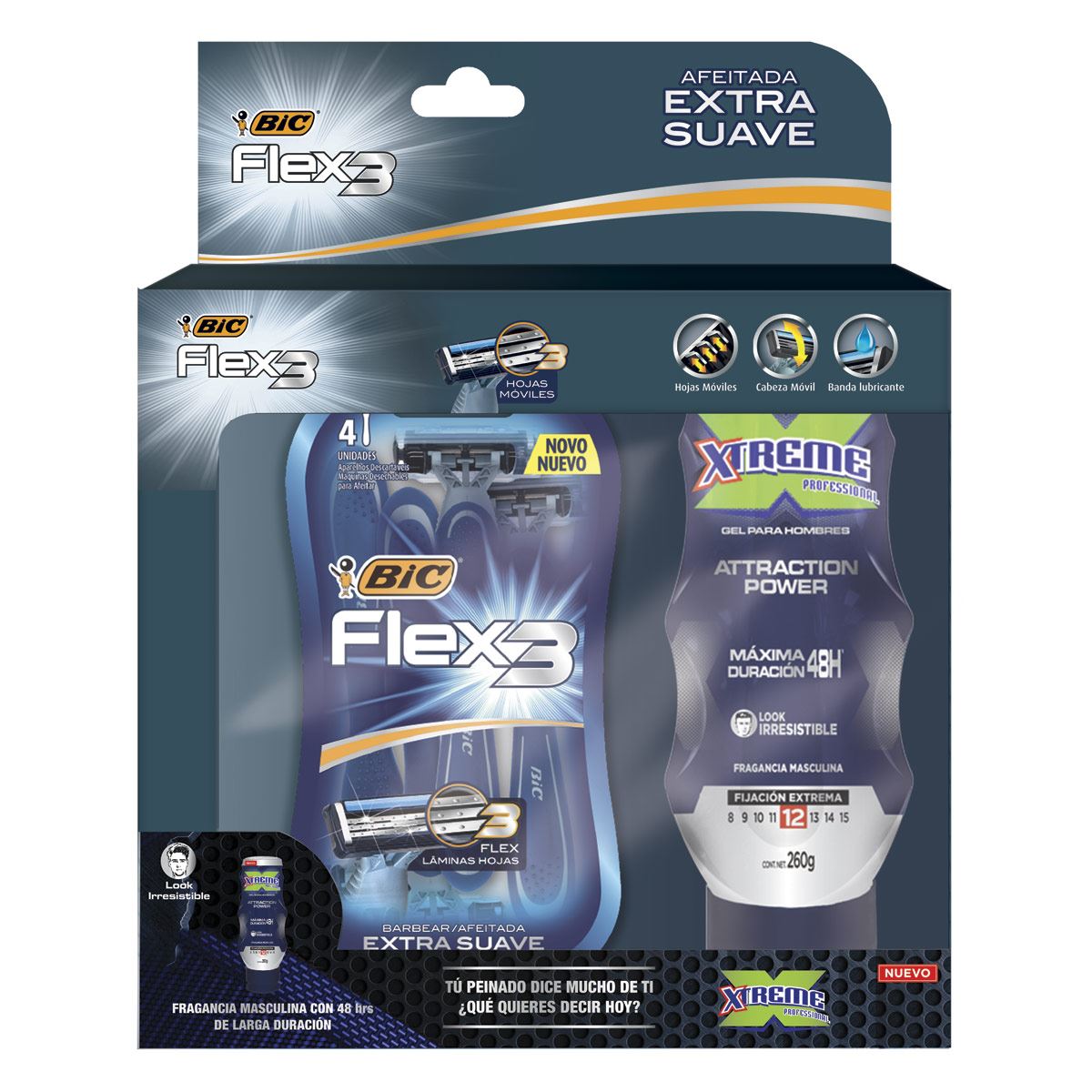 Estuche Bic Flex 3 Extra Suave 4pz +Gel 260ml