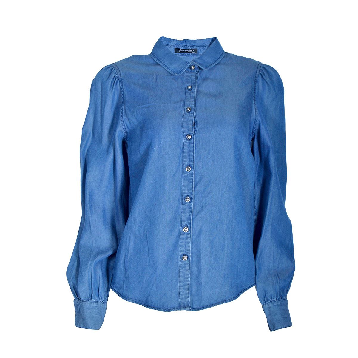 Blusa lisa con plisado y botones Philosophy talla chica color azul ...