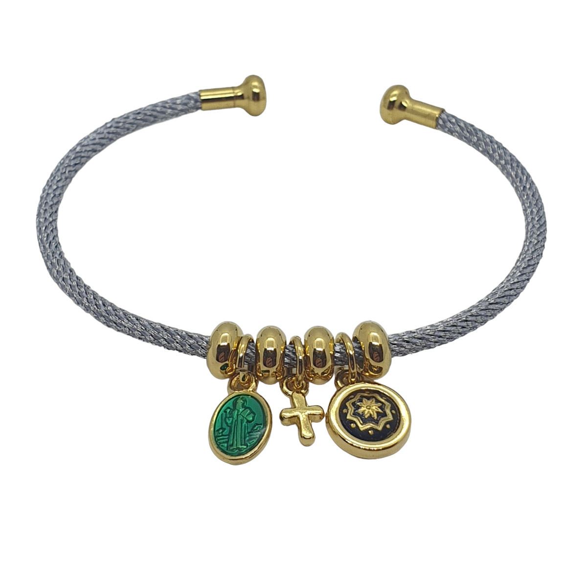 Pulsera Cruz y Virgen Cordón Plateado Anframa