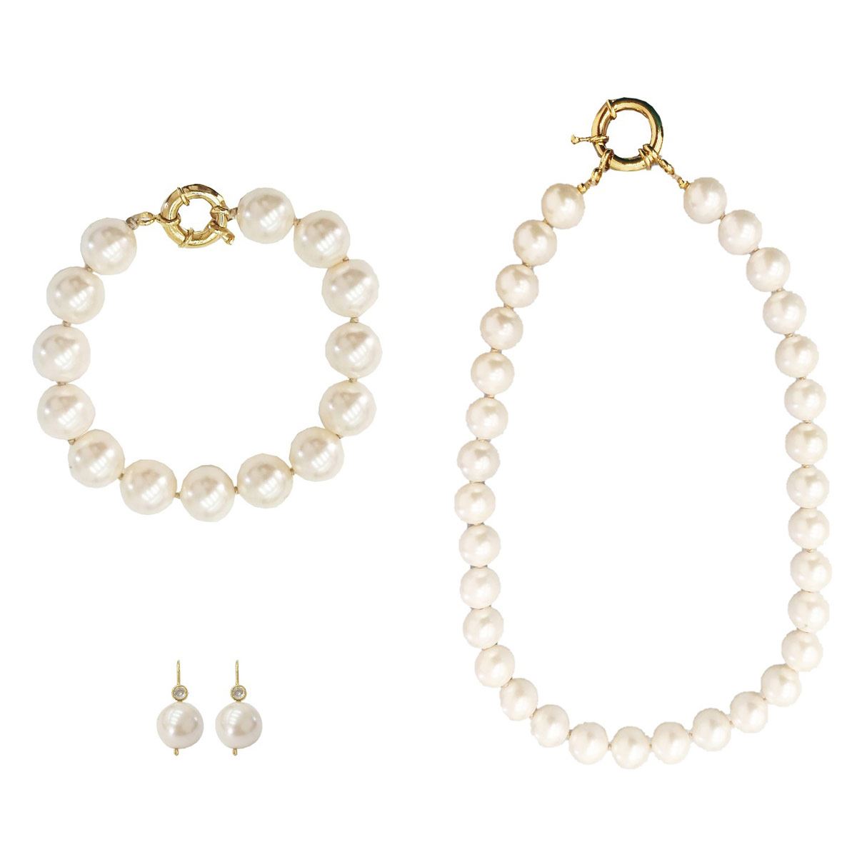 Pulsera, collar y arete de chapa de oro de18 K, con perla
