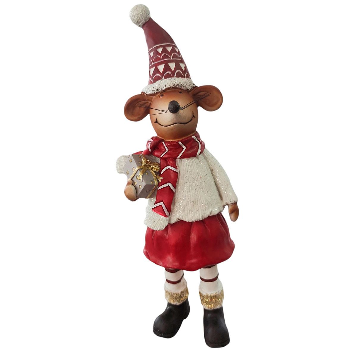 Adorno navideño rata suéter blanco y regalo, glitter