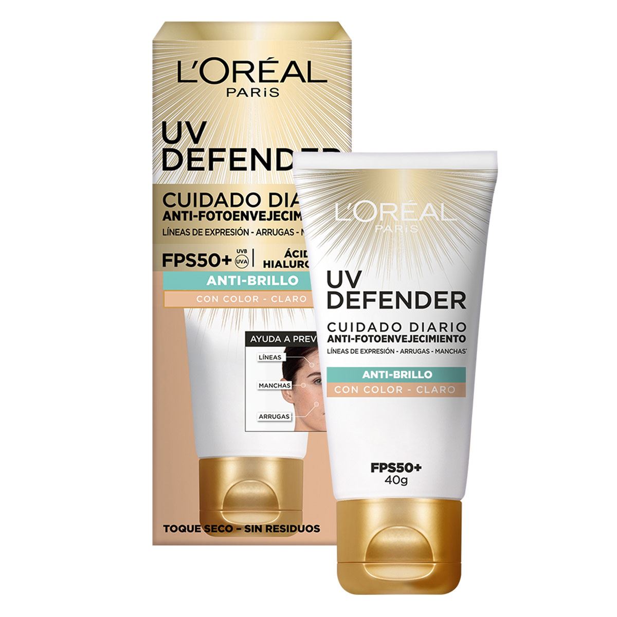 Cuidado diario anti-fotoenvejecimiento FPS50+ L'Oréal Paris UV Defender anti-brillo tono claro, 40ml