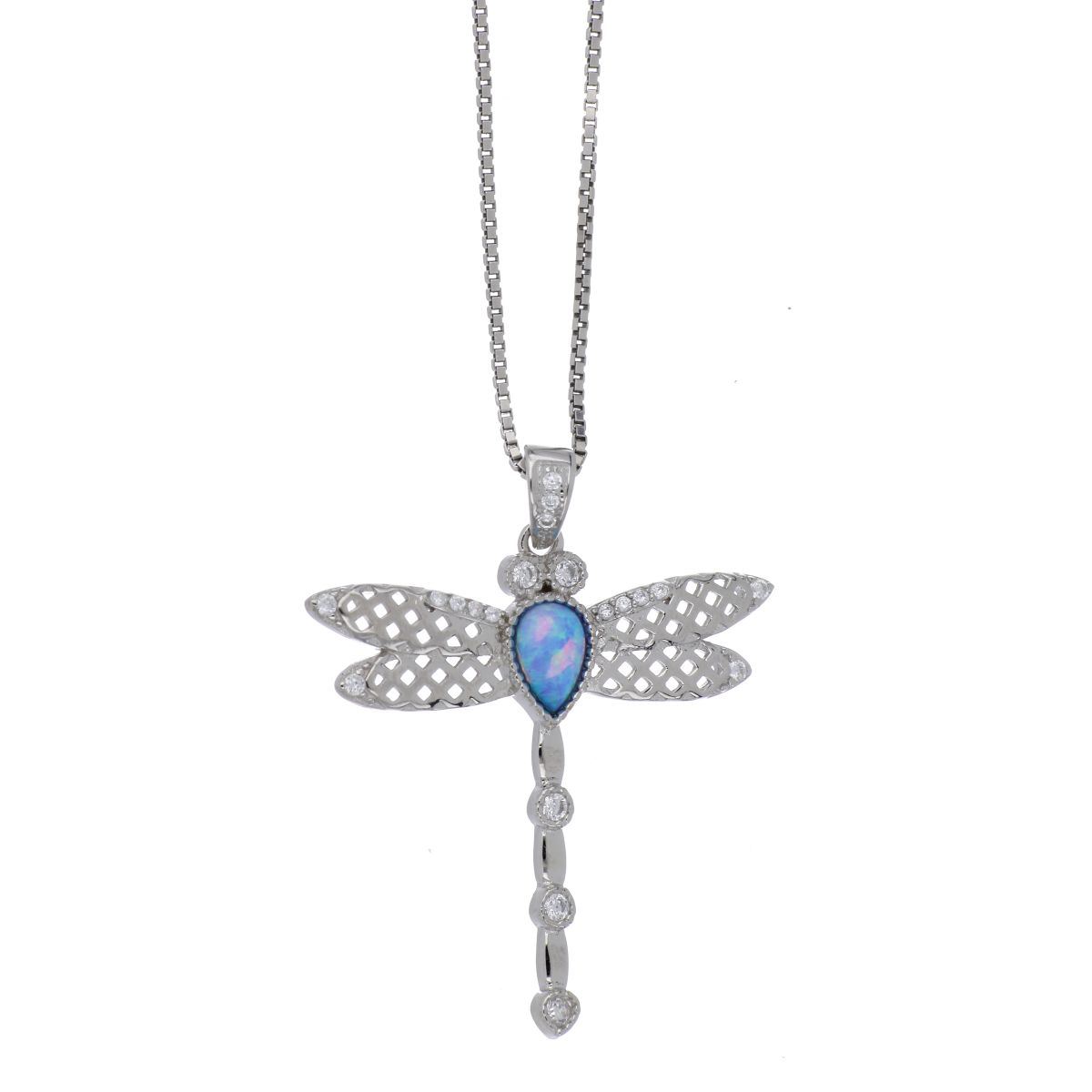 Dije con Cadena Plata .925 Libélula Azul Opal Acabado en Rodio Farfalla Bonetti Plata 925