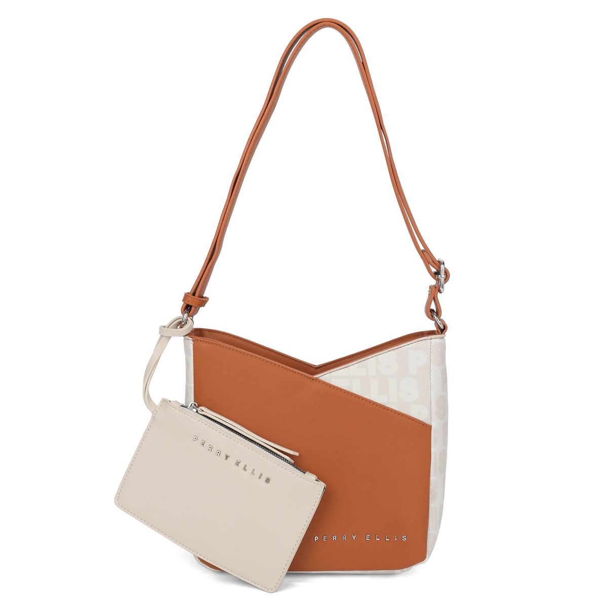 Bolsa estilo crossbody marca perry ellis color camello y gris modelo A10138