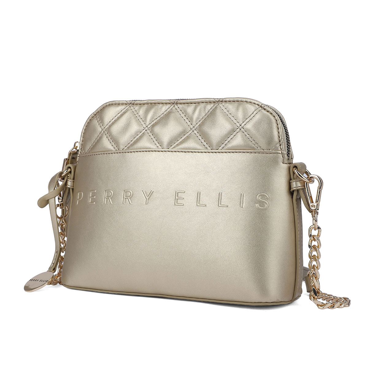 Bolsa estilo crossbody marca Perry Ellis color dorado modelo A10188