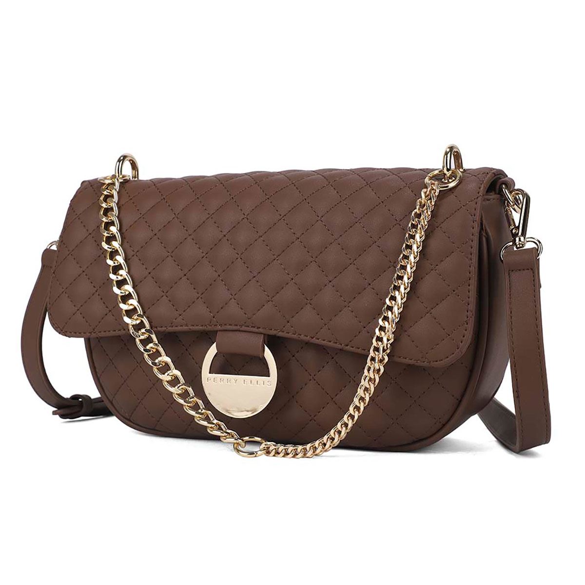 Bolsa estilo crossbody marca Perry Ellis color café modelo A10191