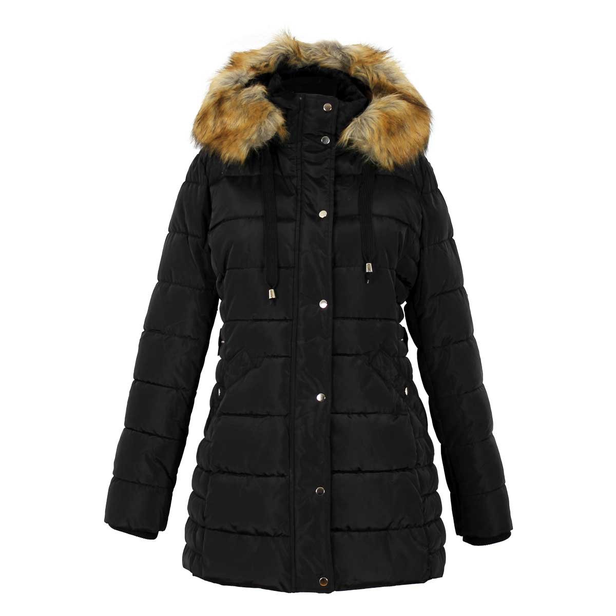 Chamarra Negra Larga Capitonada con Capucha de Pelo Elle para Dama