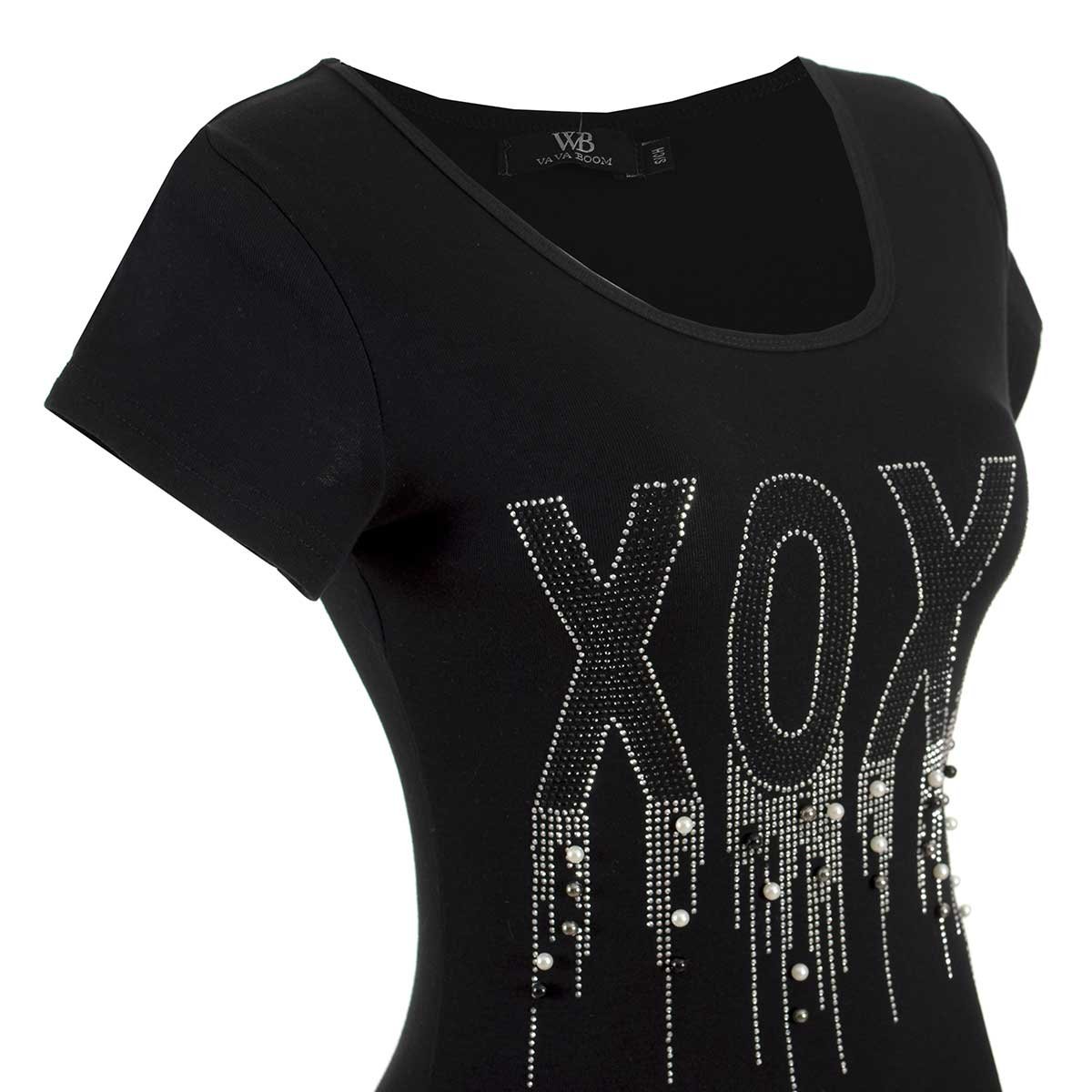 Playera Manga Corta Estampado Xoxo con Pedreria Va Va Boom para Dama