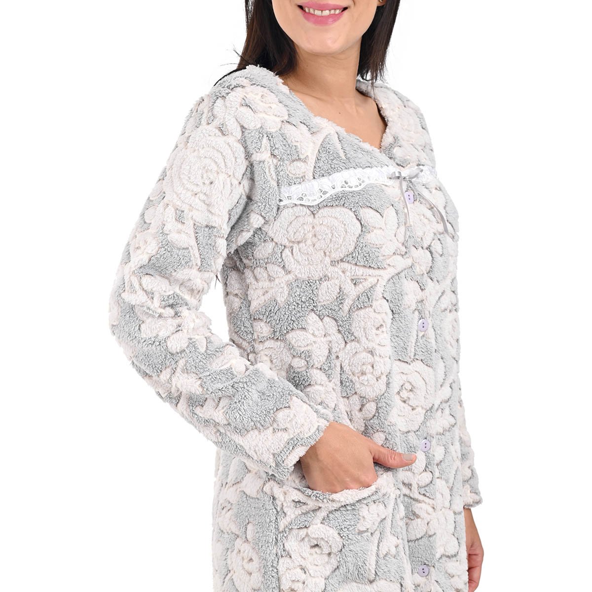 Bata Coral Escote Corazón Manga Larga para Mujer