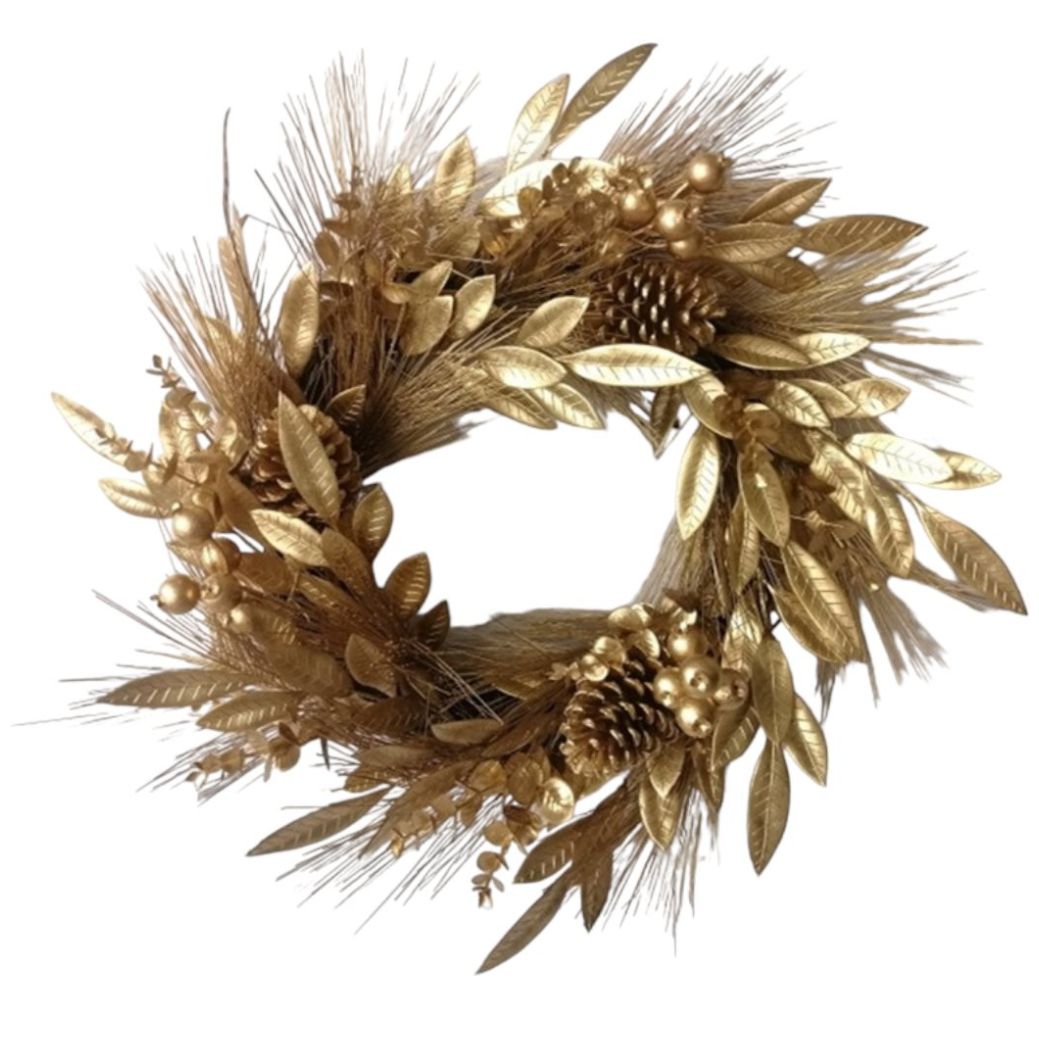 Corona Ramas de Pino Y Hojas Oro con Piñas 60Cm