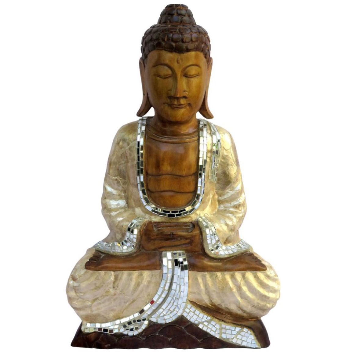 Buda de Madera Nacar Y Mosaico Capiz Natural Vintage Home