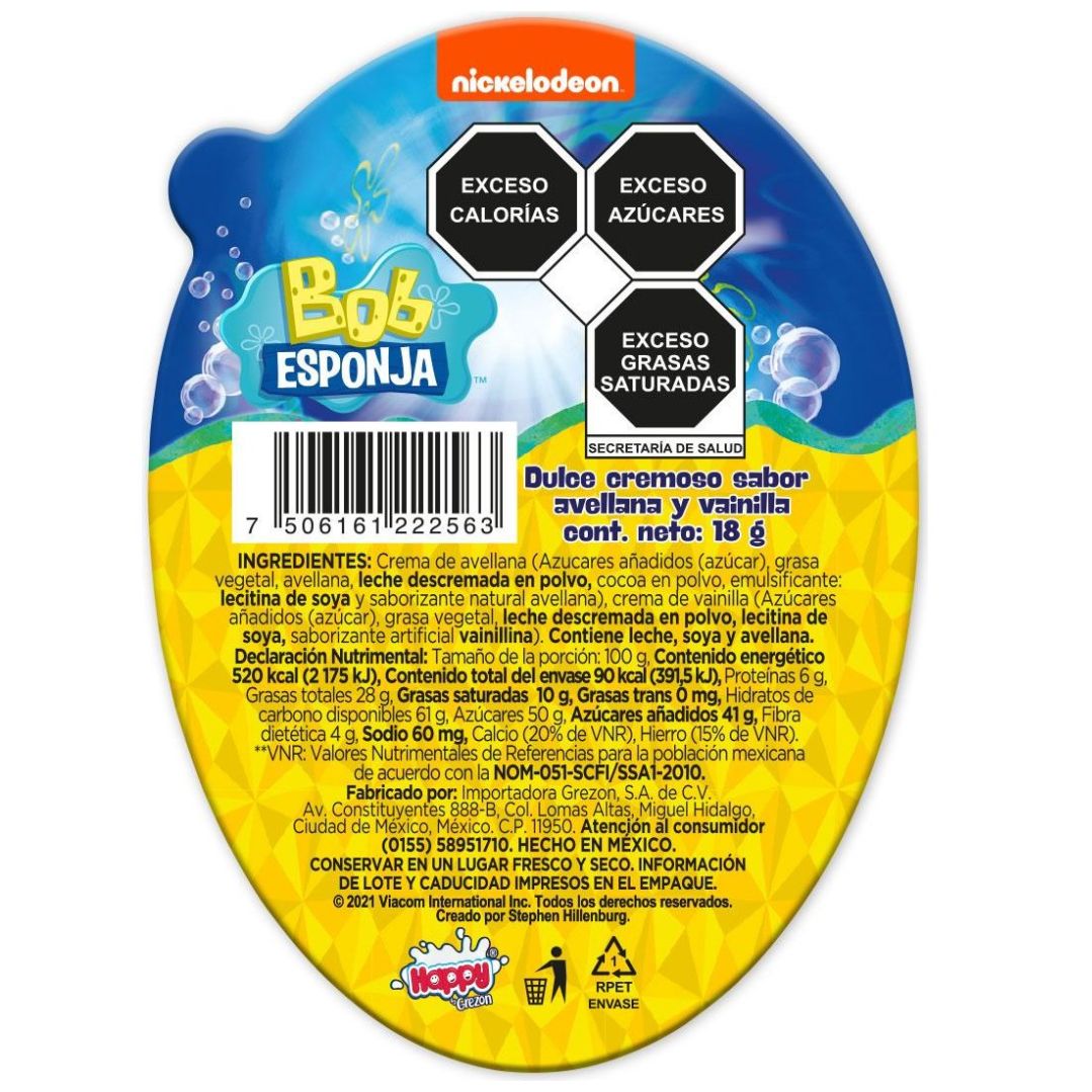 Crema Sabor Avellana y Vainilla con Sorpresa Grezon Bob Esponja 18 G