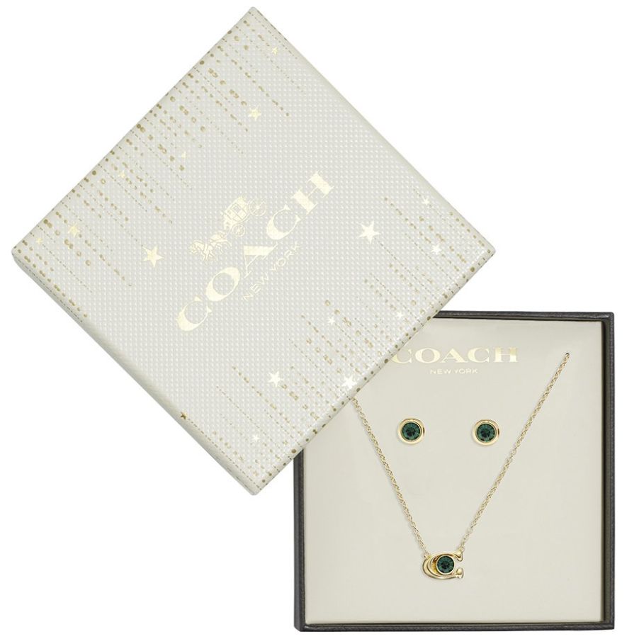 Box Set Coach Collar Y Aretes Color Oro Acabado Brillante
