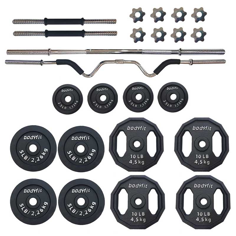 Kit De Pesas Con Barra Z, Recta, Mancuernas Y Discos 70lb