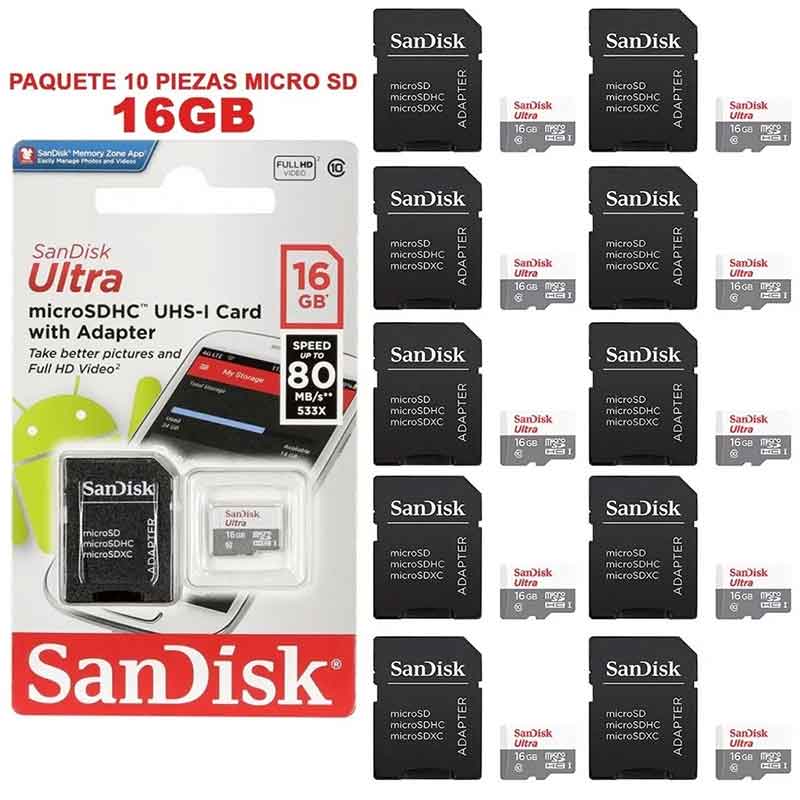 Memoria Micro SD 16GB Sandisk Ultra Clase 10 Paquete de 10 Piezas SDSQUNS-016G-GN3MA