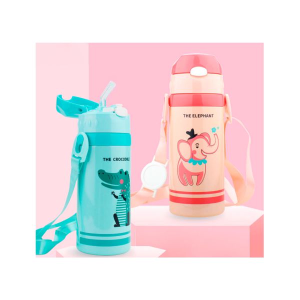 Termo Botella Cilindro Agua Infantil con Popote Silicon Acero ...