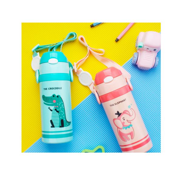 Termo Botella Cilindro Agua Infantil con Popote Silicon Acero Inoxidab