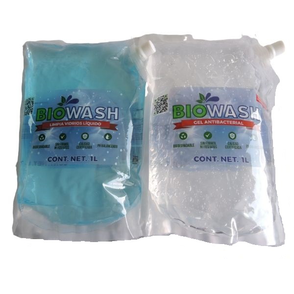 Dúo Dinámico Limpia Vidrios 1Lt + Gel Antibacterial 1 Lt. Marca BIOWASH