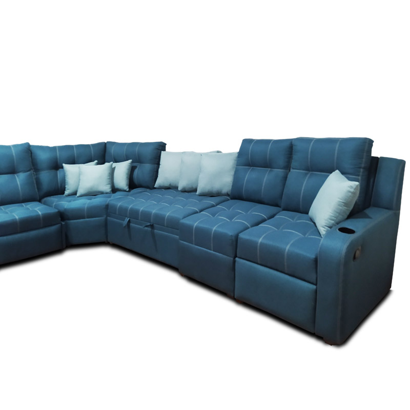 Sala Modular Toronto en Tela Michell Navy c/Taburete baul / 3 reclinables y sis de audio ...