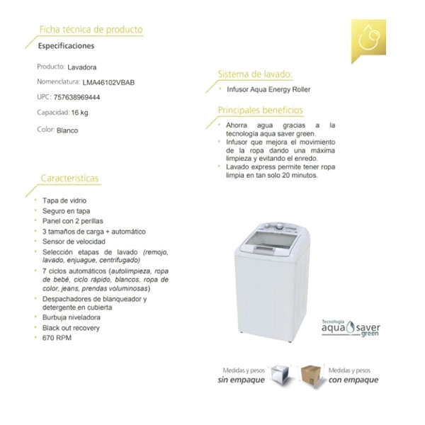 LAVADORA AUTOMÁTICA MABE DE 16KG. LMA46102VBAB0