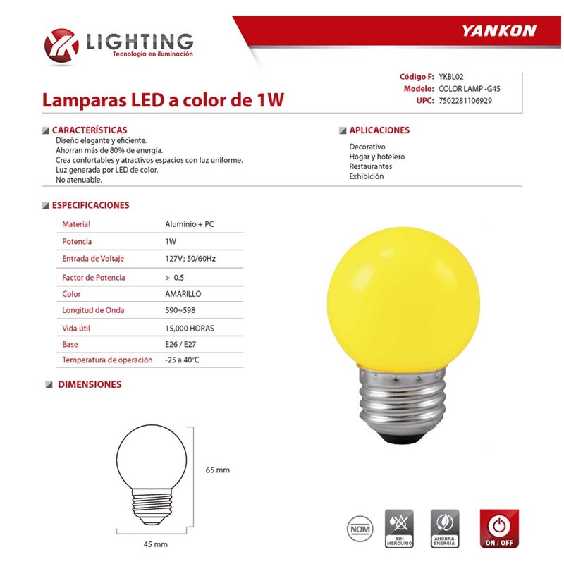 Foco Lampar Bombilla Led Amarillo 1w E27 Casa Hogar Yankon