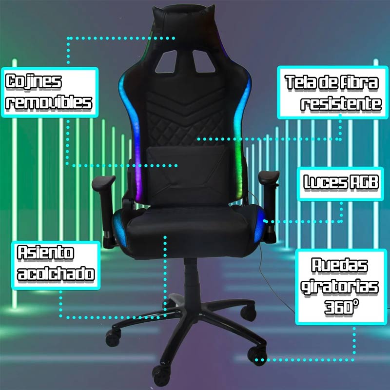 Silla Gamer Luz Led RGB Reclinable Ergonomica Cojines Desmontables