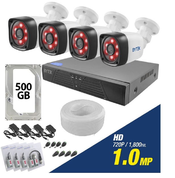 Bytek Kit de 4 camaras de 1.0mp HD 720p + disco duro 500GB