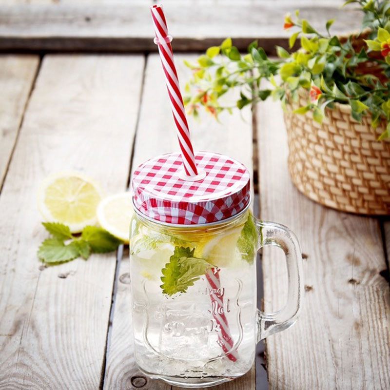 Frasco Mason Jars Rojo Tapa Mantel Y Popote Labrado 16oz(473ml)