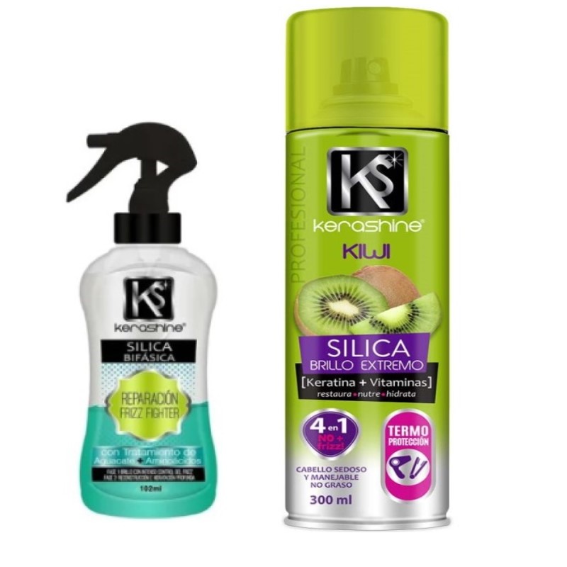 Pack 2 pz Kerashine Spray Kiwi 300 ml y Bifasica Anti Frizz 102 ml