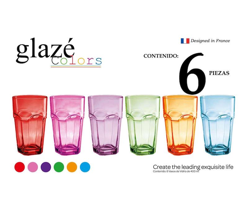 Set de 6 Vasos de Colores de Vidrio Glazé, Diseño Francés 400ml