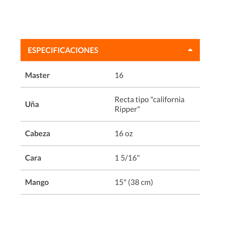 MARTILLO TRADICIONAL CALIFORNIA RIPPER, BOCA LISA, 16 OZ, MGO.TUBULAR