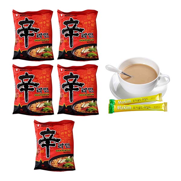 Ramen Coreano Paquete De 5 Shin Ramyun + 2 Sobres Cafe Maxim
