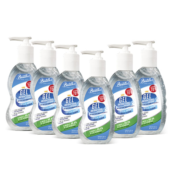 Gel antibacterial 70% alcohol, botella con despachador, pack de 6 pzas 250 ml c/u.