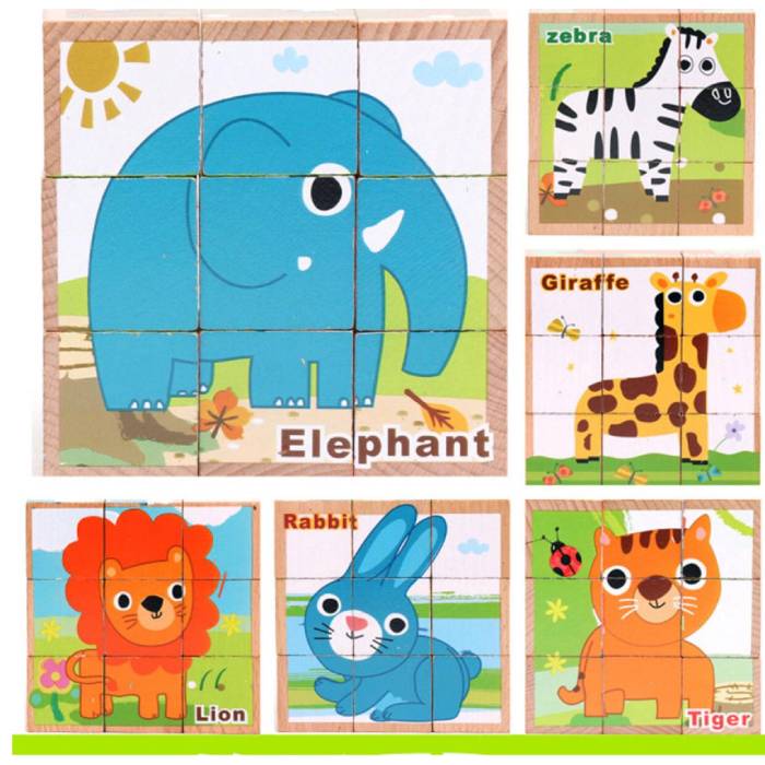 Juguete Didáctico Rompecabezas de Cubos de Madera (Animales de Selva)