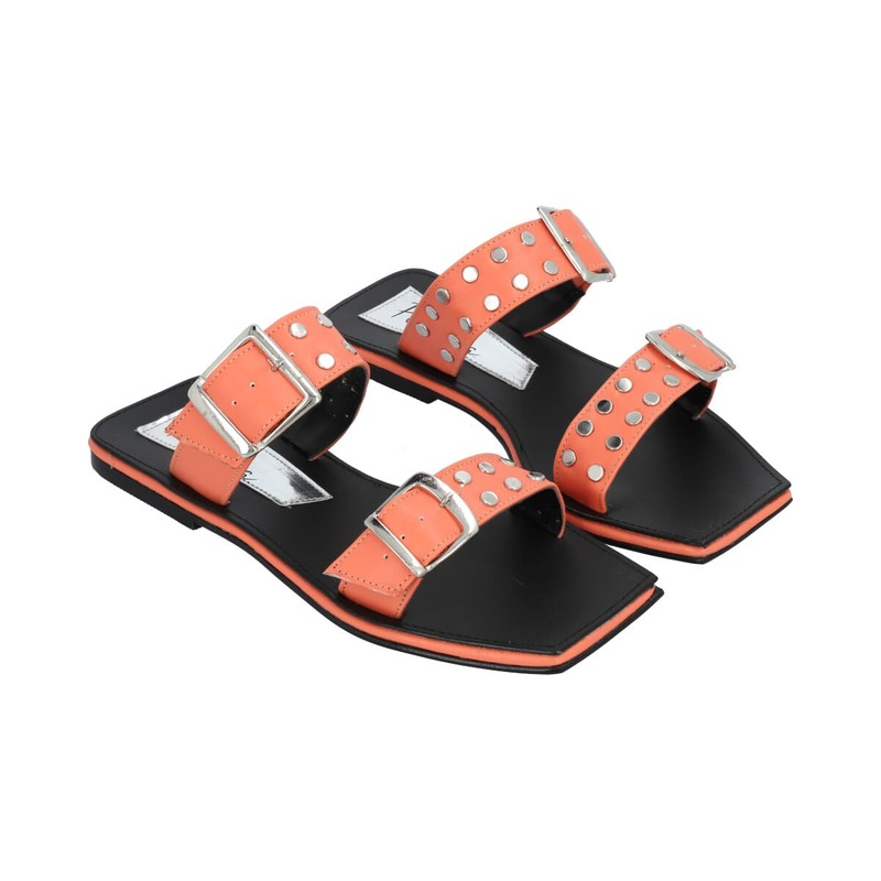 Sandalia Punta Cuadrada De Mujer Color Chabacano Con Estoperoles