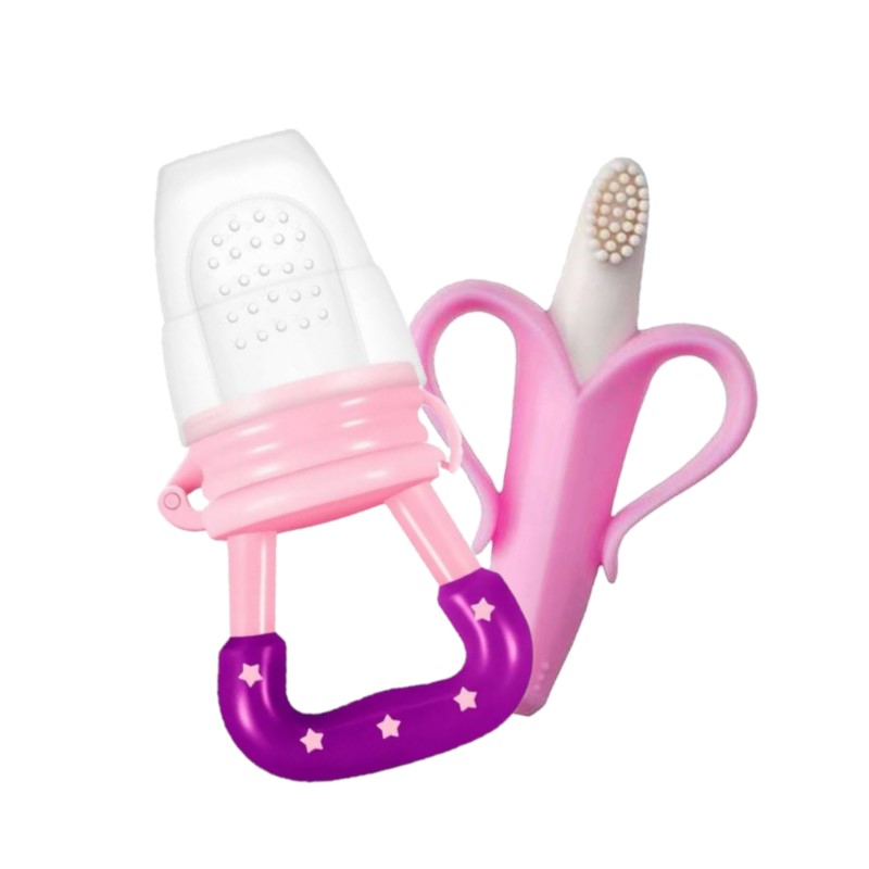 CHUPÓN BEBÉ FRUTA ROSA MEDIANO + CEPILLO DENTAL PARA BEBÉ ROSA EN FORMA ...