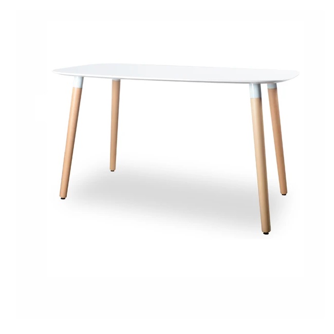 Mesa Comedor Rectangular, color blanco y patas madera natural estilo eames