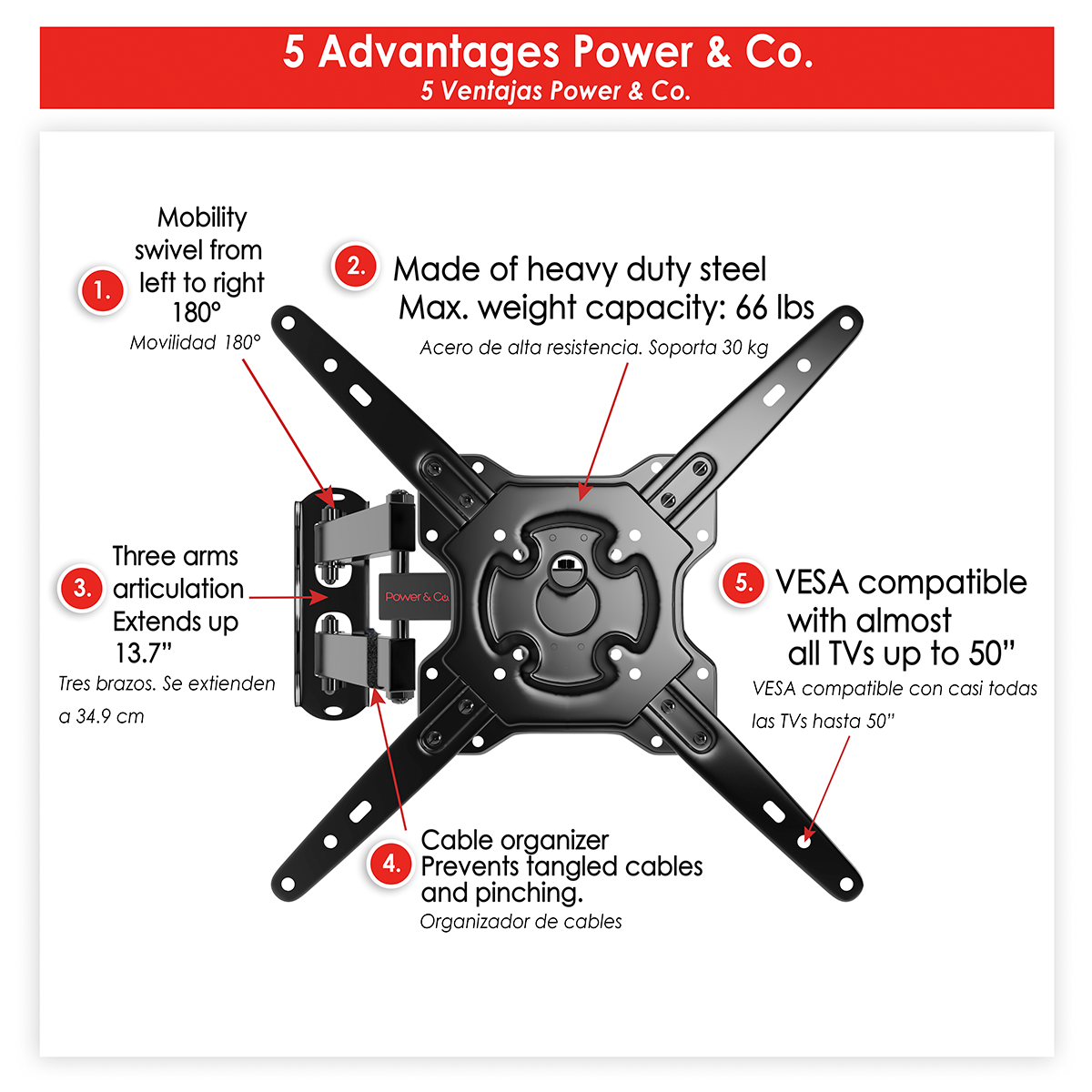 Soporte para pantallas 3 brazos de 19" a 55" Power & Co. MT-1055