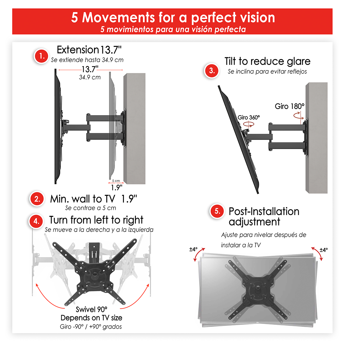Soporte para pantallas 3 brazos de 19" a 55" Power & Co. MT-1055