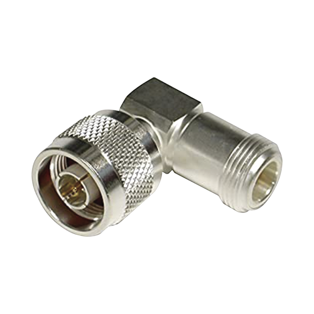 Adaptador en Ángulo Recto, de Conector N Macho a N Hembra, Plata/ Oro/ Teflón.