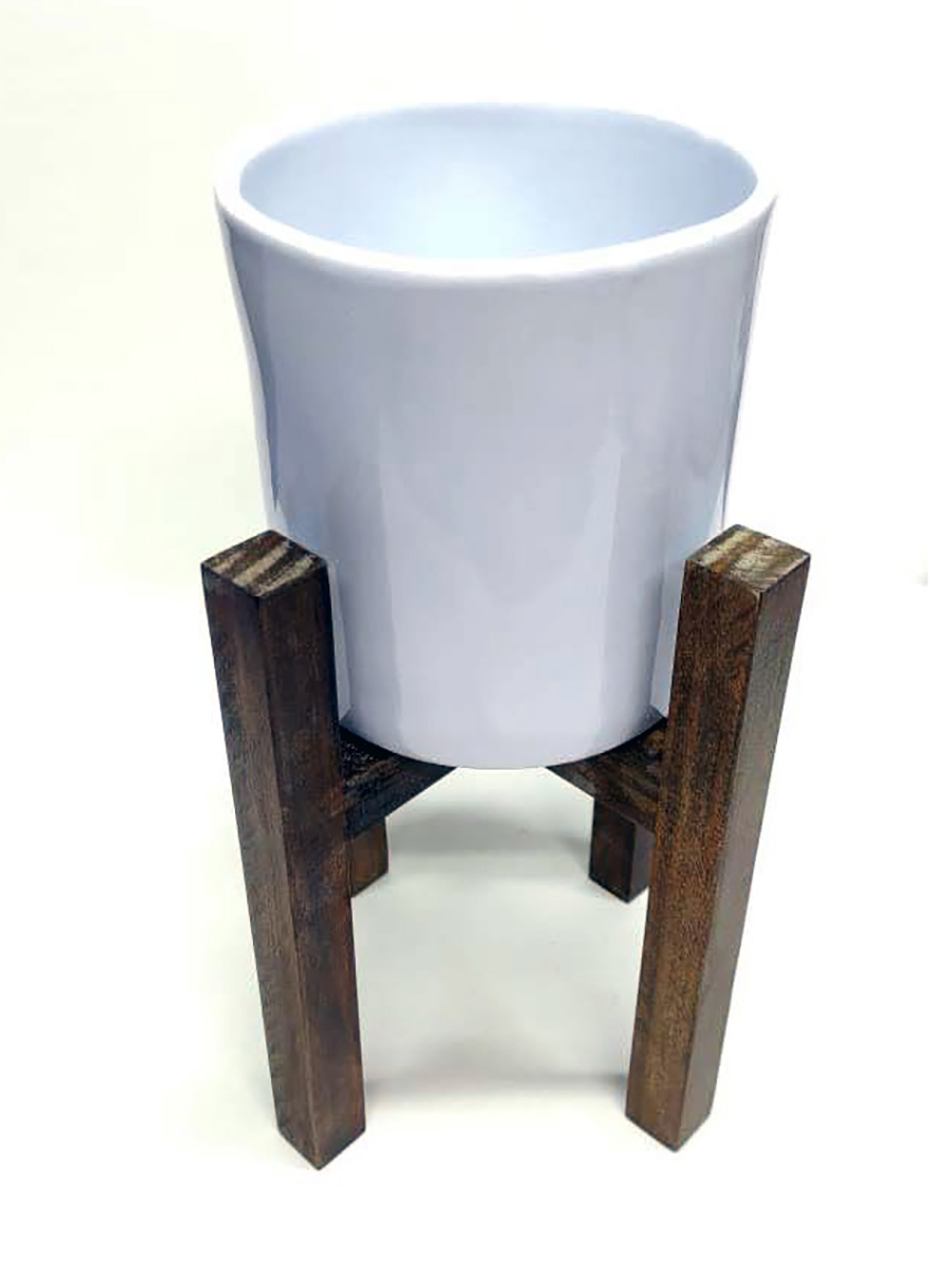 Maceta de Cerámica Cilíndrica con Base de madera