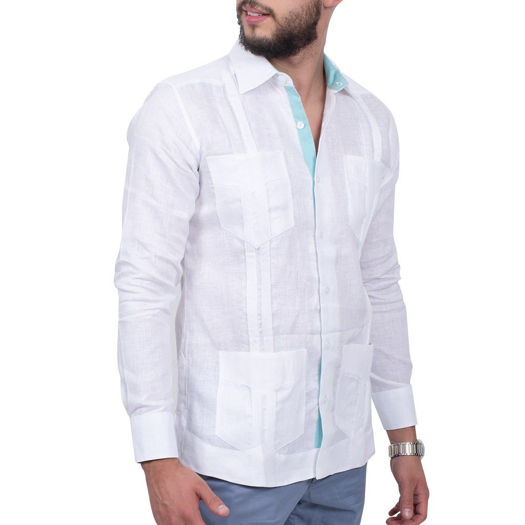 Guayabera Blanca Tradicional, Lino, Manga Larga, Interiores Aqua