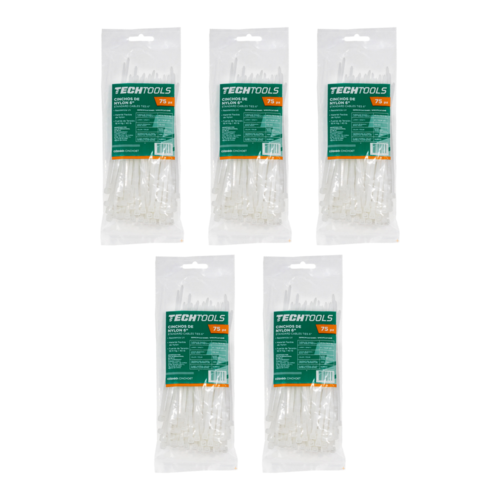 Cinchos de Nylon de 6" Transparentes, 5 paquetes de 75 piezas