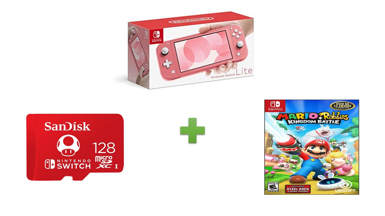 Consola Nintendo Switch Lite Rosa + Microsd 128GB + Mario Rabbids