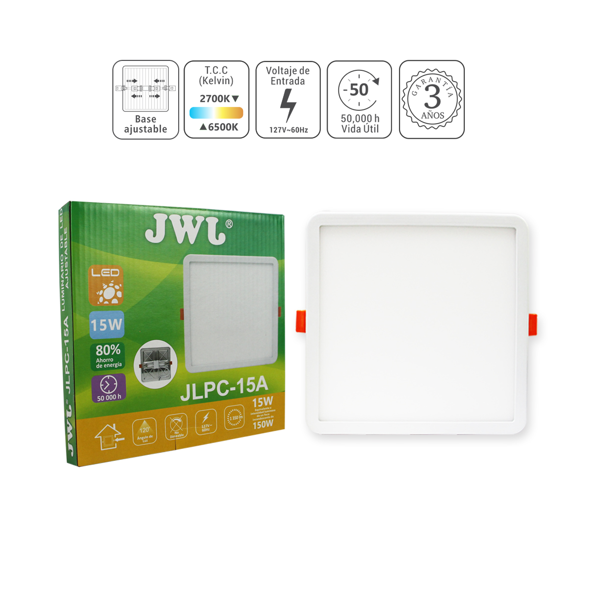 LAMPARA LED DE EMPOTRAR AJUSTABLE 15W LUZ BLANCA MARCA JWJ
