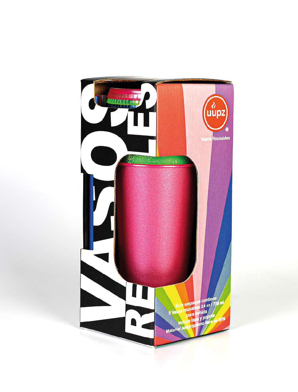 SET DE 5 VASOS REUSABLES DE PLÁSTICO, CON TAPA Y POPOTE 709 ML