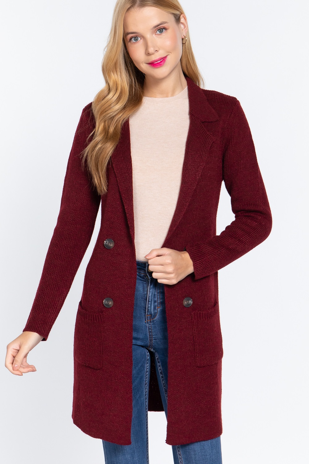 Sueter Borgoña Vino Largo Con Bolsillos Y Botones Active USA Talla Mediana