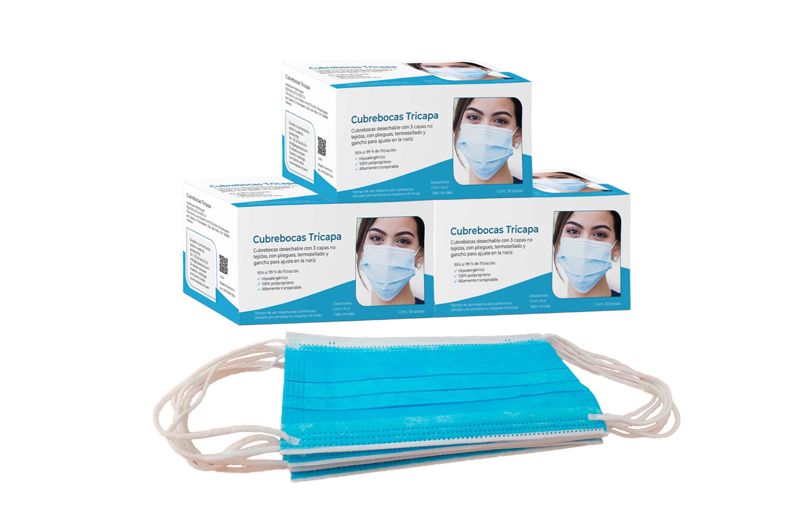 Paquete 150 Pzs de Cubrebocas Tricapa Color Azul